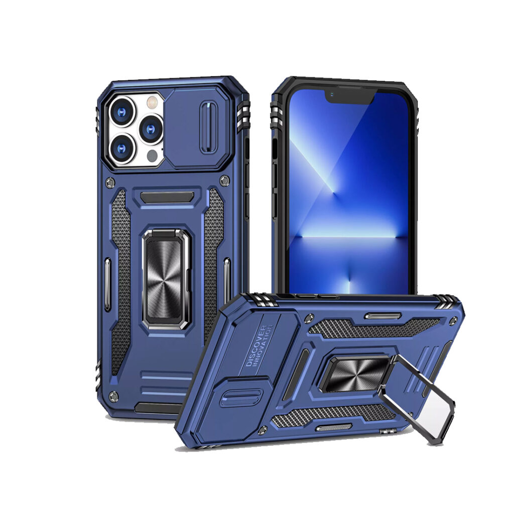 Rugged Armor Ring Stand With Camera Cover Case For iPhone 17 Pro-Navy Blue - MK Mobile